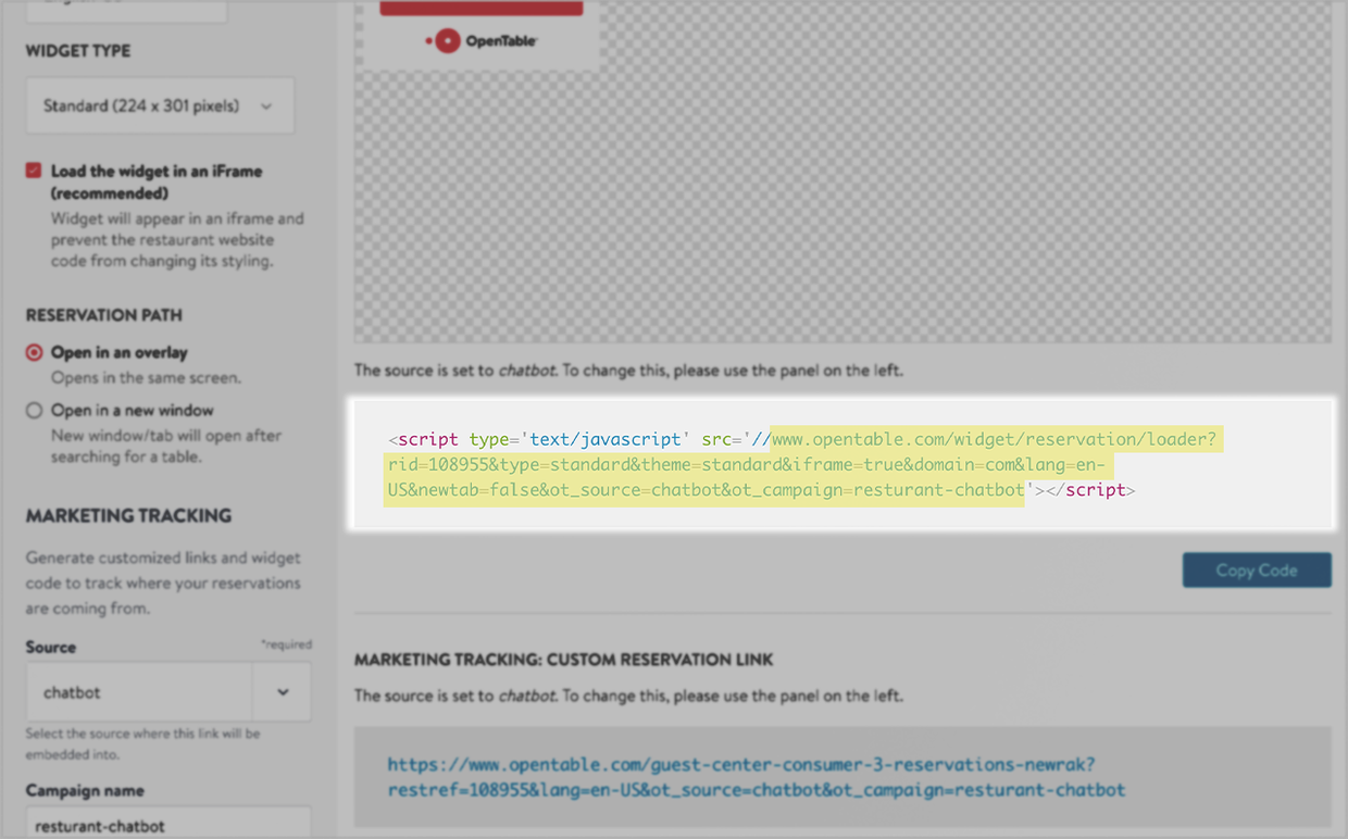 How to add an OpenTable reservation widget to your chatbot