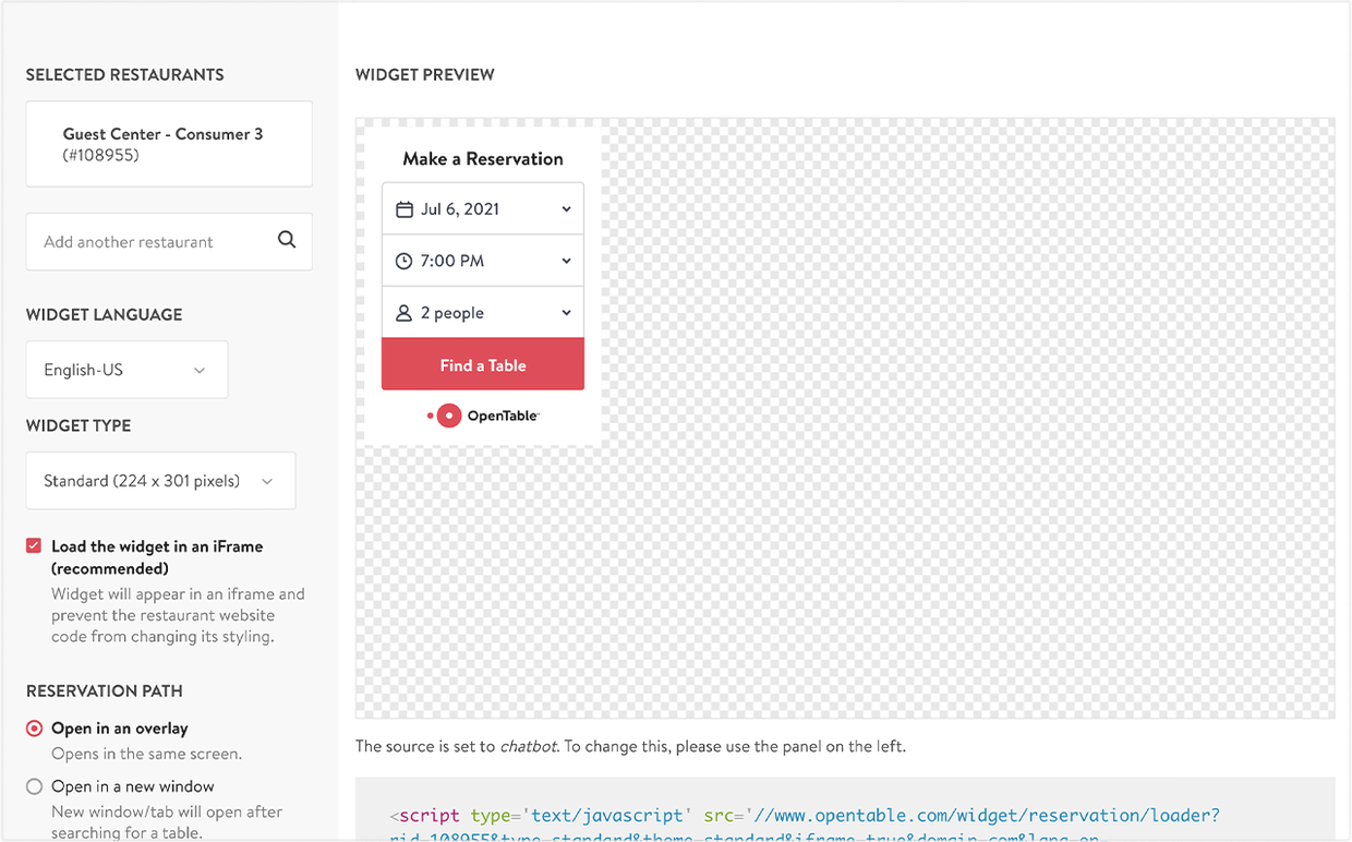 How to add an OpenTable reservation widget to your chatbot